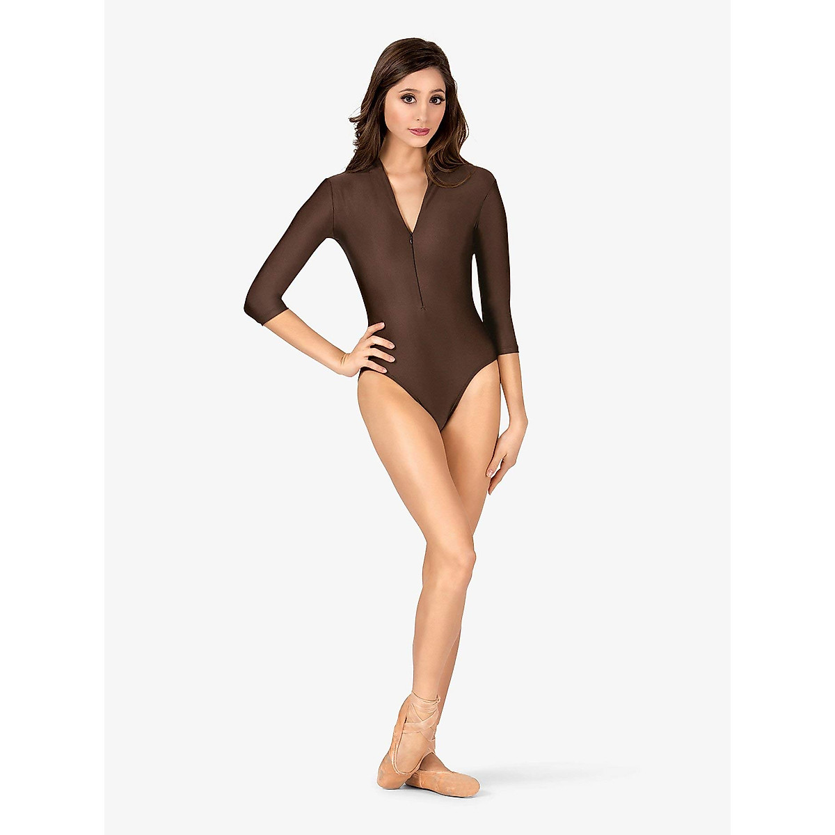 Natalie Dancewear Womens 3/4 Sleeve Zip Front Leotard Black S N8733