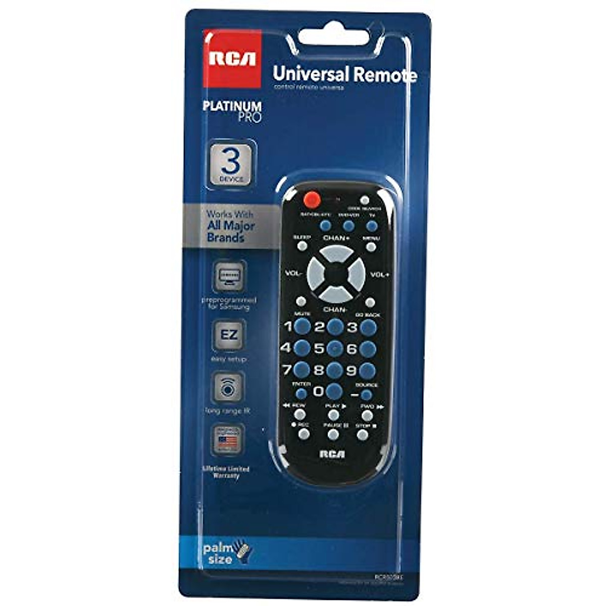 RCA 3-Device Palm-Sized Universal Remote, Long Range IR, Replaces Most Major Remote Brands, Designed for Comfort, RCR503BE