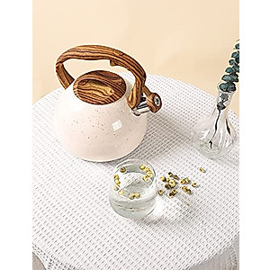 Tea Kettle, 2.7 Quart BELANKO Teapot for Stovetops Wood Pattern Handle with Loud Whistle Food Grade Stainless Steel Tea Pot Water Kettle - Cream White