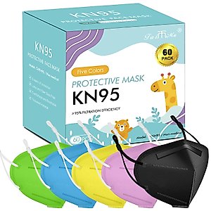 MOORAY 60 Pack Kids KN95 Mask,5-Layers Black Disposable Face Masks for Kids with Adjustable Ear Loop Black Masks Respirator Protection for Children(Black)