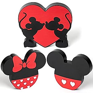 Unbess 3Pcs Red Cartoon Mouse Tiered Tray Sign Table Decor Red Black White Mouse Love Heart Shaped Freestanding Farmhouse Rustic Double-sided Wooden Centerpieces for Wedding Anniversary Party Home