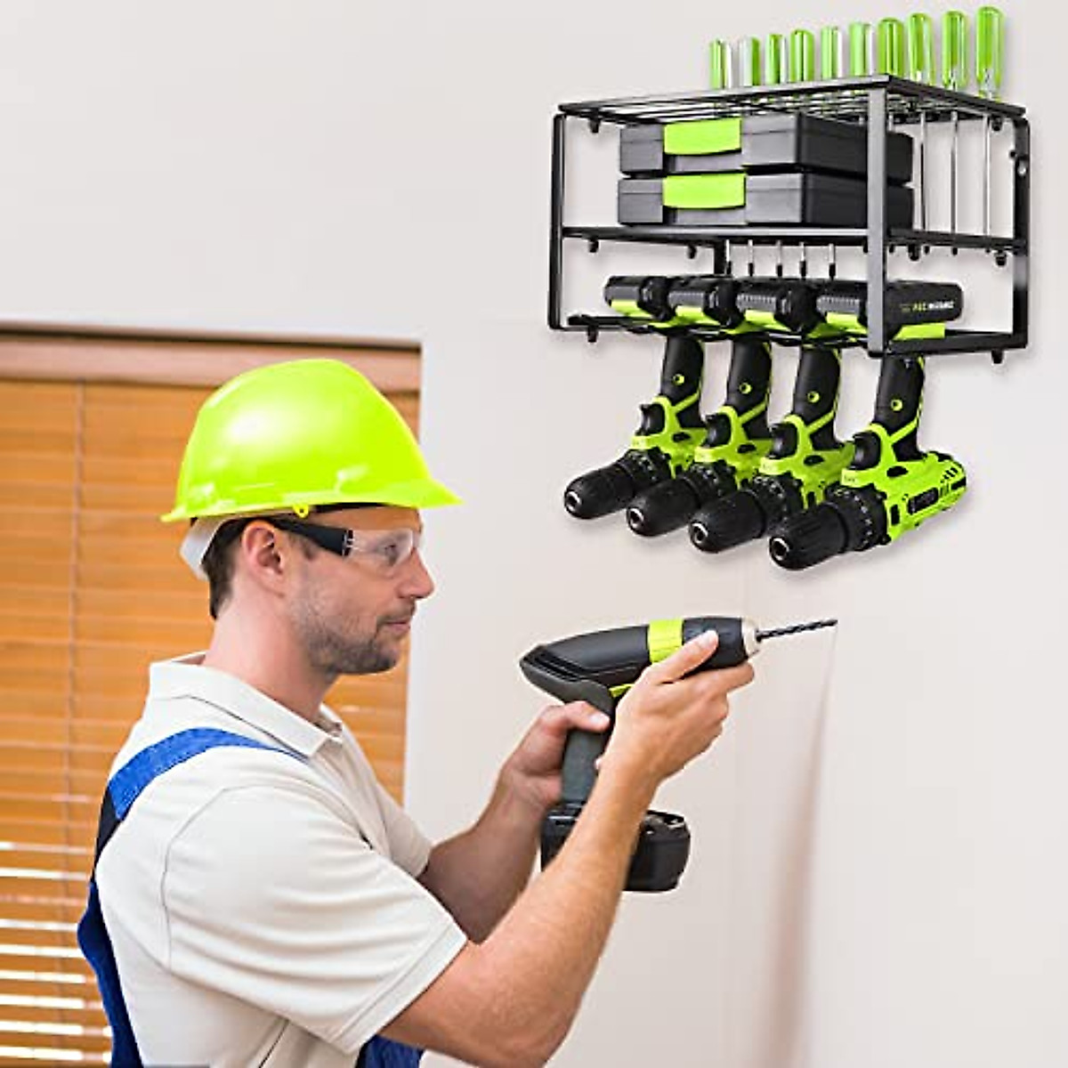 Power Tool Organizer, Drill Holder Storage Rack with Wall Mounted 4 Drill Slots 3 Layers Garage Tool Organizer Storage Wrench and Srewdriver Rack for Home and Workshop