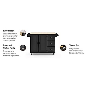 Homestyles Dolly Madison Kitchen Cart with Wood Top and Drop Leaf Breakfast Bar, Rolling Mobile Kitchen Island with Storage and Towel Rack, 54 Inch Width, Black