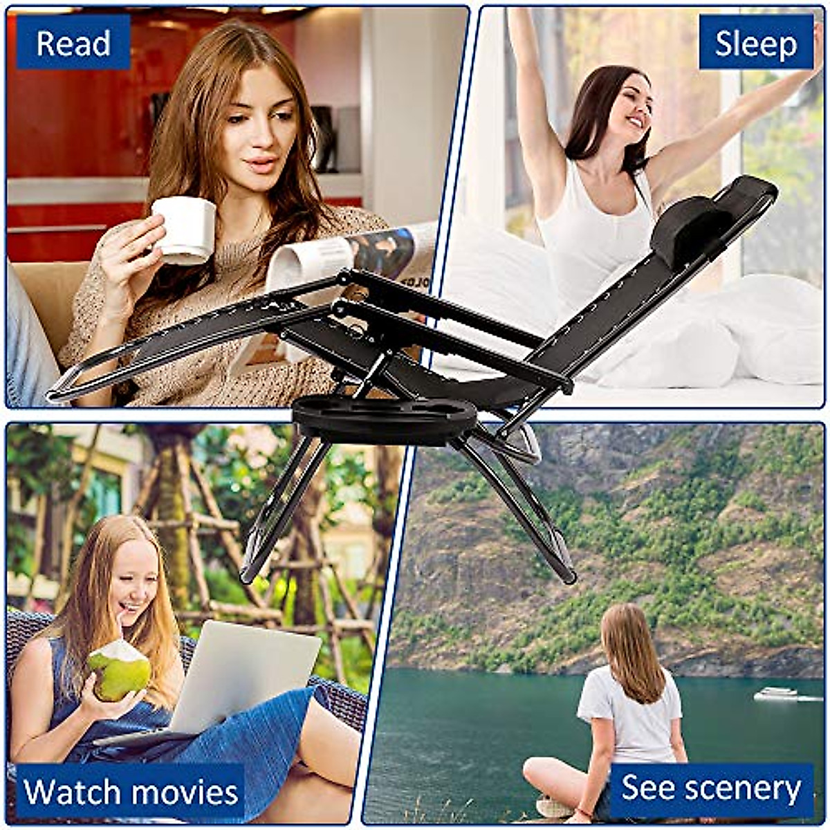 Dkeli Zero Gravity Chair Set of 2 Patio Folding Adjustable Zero Gravity Lounge Chair with Cup Holders Outdoor Recliner Camping Chair for Poolside Backyard Lawn Beach, Black