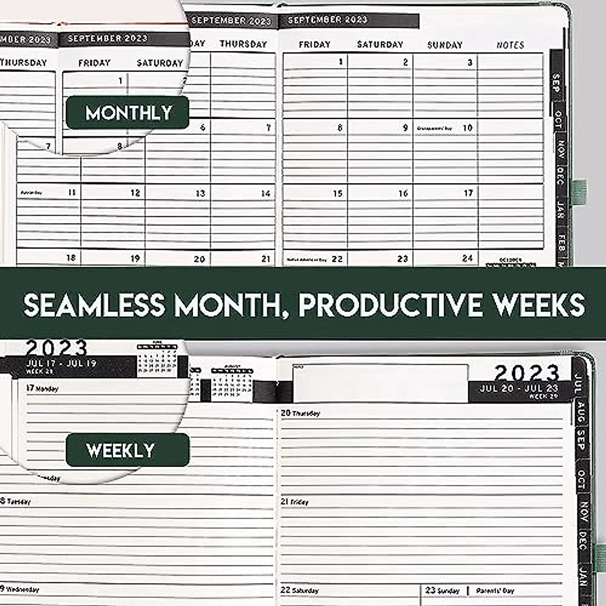 HARDCOVER Daily Leather Planner Weekly Monthly - 8.5x11 - Ensight Academic Planner Business Personal or Student - Pen Holder, Bookmark, Notes Pages, Thick Paper, July 2023 - June 2024 (Green)