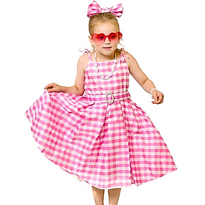 Golray 7pcs Girls Plaid Costume Dress Sweet Slip Dress with Accessories Movie Outfit Birthday Halloween Costume Girl Dress up Clothes for Play