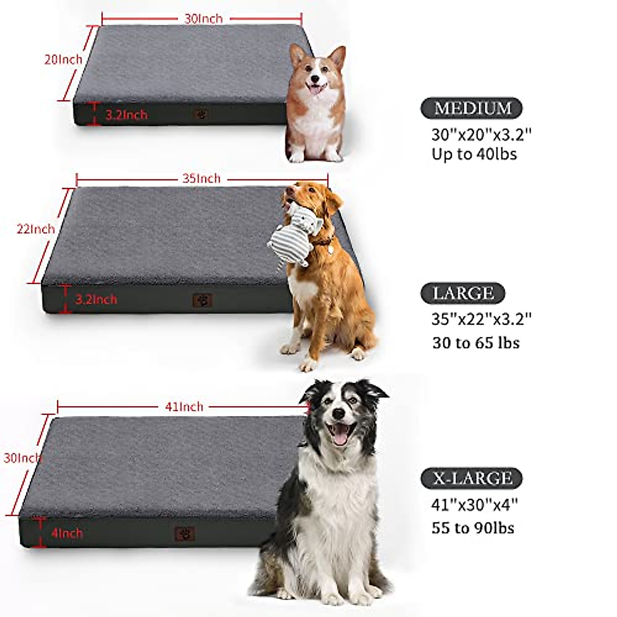 Baauye X-Large Dog Bed for Large/Mediem/Samll Dogs, Orthopedic Egg-Crate Foam Dog Bed Suit for Dog Crates with Removable Waterproof and Washable Cover (X-Large（41x30x4）, Dark Grey)