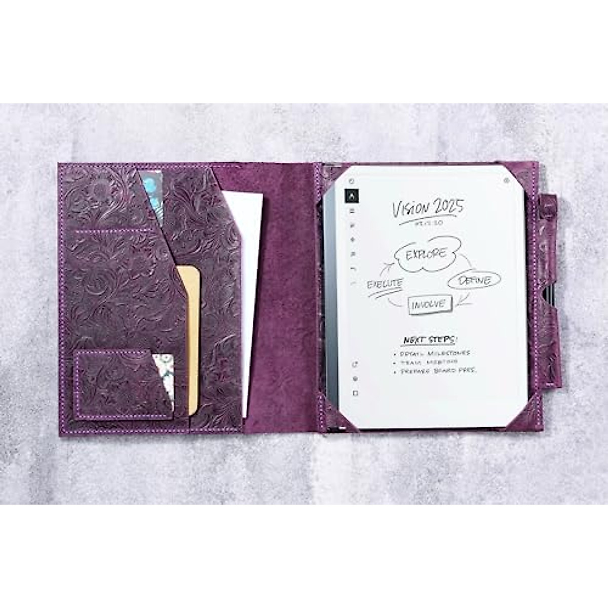 Black Purple tooled embossing leather remarkable 2 case with pen holder, reMarkable 2 folio organizer cover, N05-LRMBPU