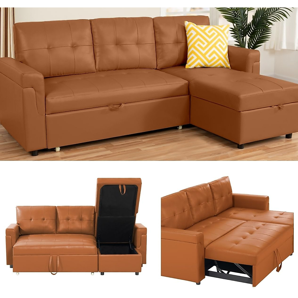 Naomi Home Transform Any Space: Sleeper Sectional Sofa with Convertible Sofa Bed & Inviting Chaise. Find Tranquil Comfort with Stress-Relieving Design & Durable Cushions - Caramel,Air Leather