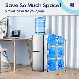 Iococee 5 Gallon Water Jug Stand, 5 gallon water jug holder, With guardrail to prevent falling, 5 gallon water jug rack for 3 Bottles (3-tiers Silver) for Home, Office Organization