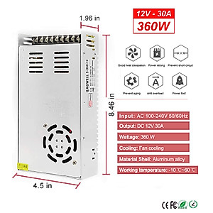 DC 12V 30A Power Supply 360W Universal Regulated Switching AC to DC Converter AC 110V/220V (SMPS) Transformer Driver Adapter for LED Strip Light, CCTV Camera Security System, Radio, Computer Project