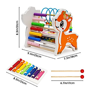 NUKied 4-in-1 Kids Baby Activity Cube Toys, Wooden Activity Center with Abacus Bead Maze Xylophone Clock Kids Toys, Developmental Educational Learning Toys for for 1 2 3 Years Old Girls Boys