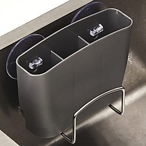 VACCARO Kitchen Sink Caddy, Plastic Caddy for Kitchen Sink with 3 Storage Compartments & Sponge Holder, Rustproof Kitchen Sink Organizer for Place Soap, Sponge, Scrubber Brush, Dishcloth, Grey