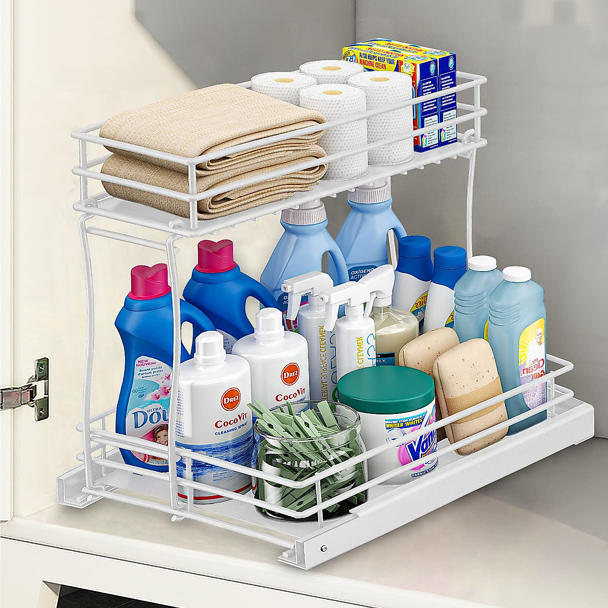 CD HOME Pull Out Cabinet Organizer, Under Sink Slide Out Storage Shelf with 2 Tier Sliding Wire Drawer,Least 13 Inch Cabinet Opening （White）