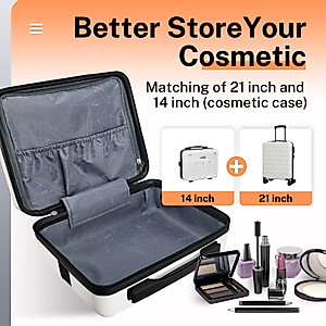 AnyZip 21" Carry On Luggage and 14" Mini Cosmetic Cases Luggage Set Hardside PC ABS Lightweight USB Suitcase with Wheels TSA (2-Piece Set (14/21),White)