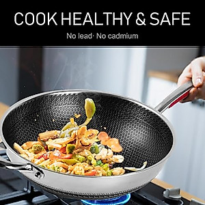 MEGOO 12.6 inch stainless steel nonstick wok pan with lid,stir fry honeycomb wok,cooking wok skillet,for gas cooktops,Induction,electric stove,dishwasher safe(PFA,PFOA Free)