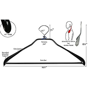 Mawa by Reston Lloyd BodyForm Series Non-Slip Space-Saving Clothes Hanger with Bar for Pants, 16-1/2", Style 42/LS, Set of 5, Black
