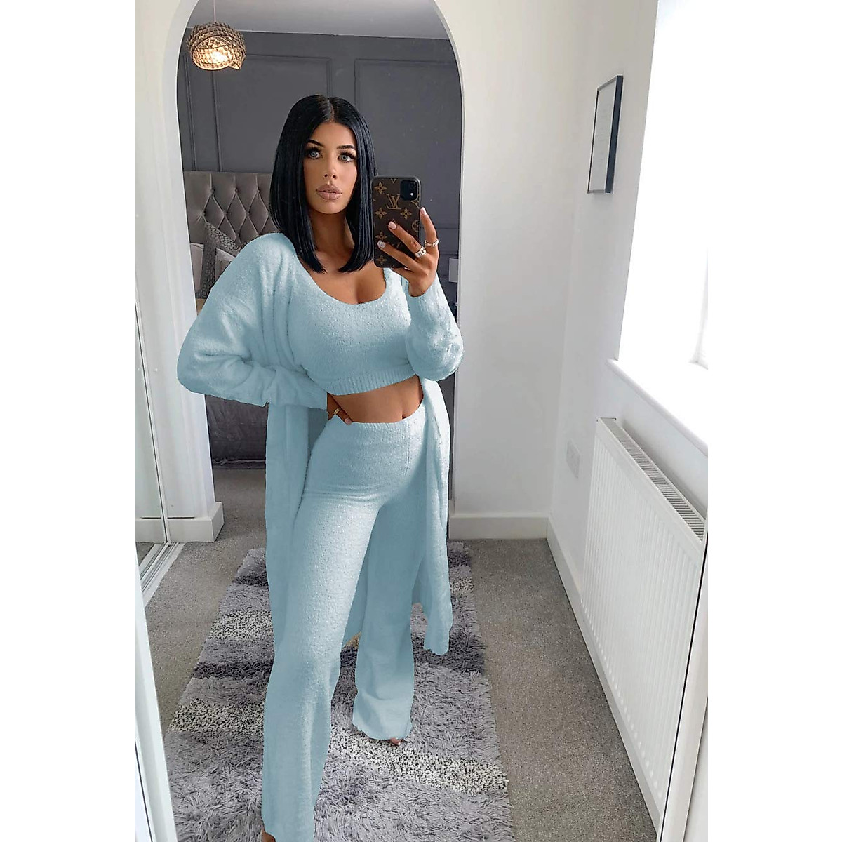 Fixmatti Women Lounge Set 3 Piece Fuzzy Fleece Crop Tops and Pants Open Front Cardigan Pajama Set Light Blue XL