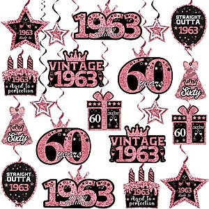 40Pcs Rose Gold 60th Birthday Decorations Women Hanging Swirls, No-DIY Happy 60th Birthday Decorations 60 birthday decorations for women Vintage 1963 Aged to Perfection 0th Hanging Swirls cocomigo