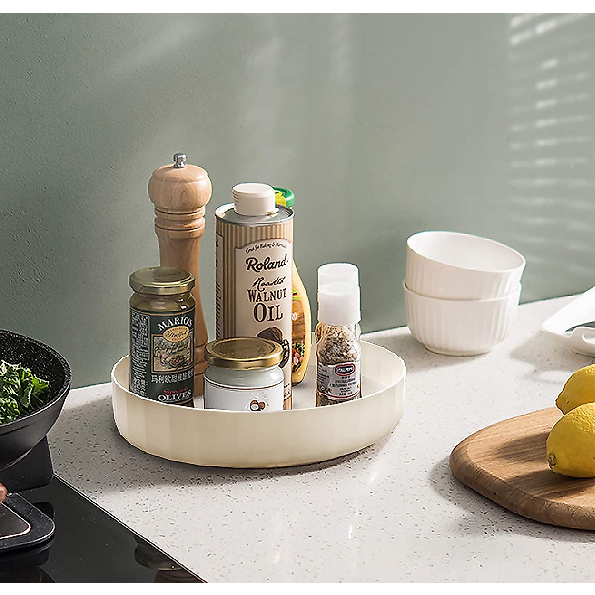 Lazy Susan Cabinet Organizer 10 Inch,Non-Skid Kitchen Island Turntable,Countertop Bathroom Kitchen Under-Sink Organizer Bins for Counter Spice Rack Storage 1 Pack (White)