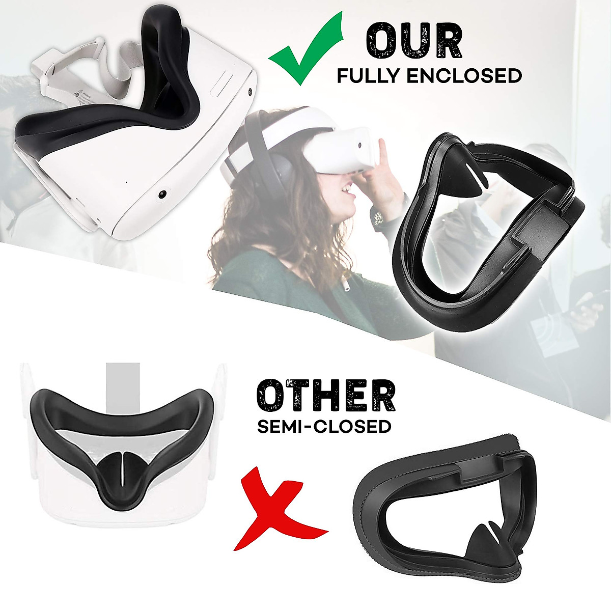 VR Silicone Facial Cover Skin Accessory for Oculus Quest 2 - Washable Sweat-Proof Anti-Leakage Light Blocking Face Cover (Black)