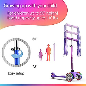 Kids Scooter - Toddler Scooter for Kids 3-6 Adjustable Height -3 Wheel Scooter for Kids Ages 3-5 Boys & Girls- Kids Three Wheel Scooter with Light Up LED Wheels Made for Stable Ride (Purple-Pro)