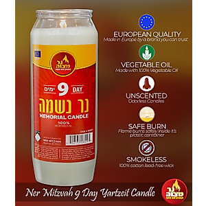 Ner Mitzvah 9 Day Yartzeit Candle - 10 Pack Kosher Yahrtzeit Memorial and Yom Kippur Candle in Plastic Holder