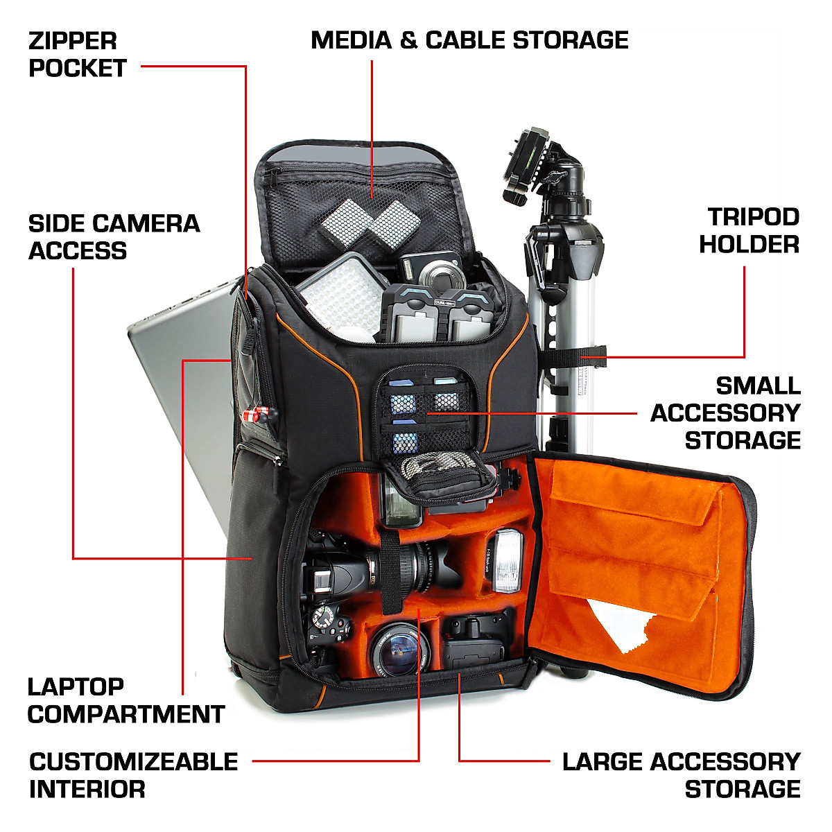 USA Gear DSLR Camera Backpack Case - 15.6 inch Laptop Compartment, Padded Custom Dividers, Tripod Holder, Rain Cover, Long-Lasting Durability and Storage Pockets - Compatible with Many DSLRs (Orange)