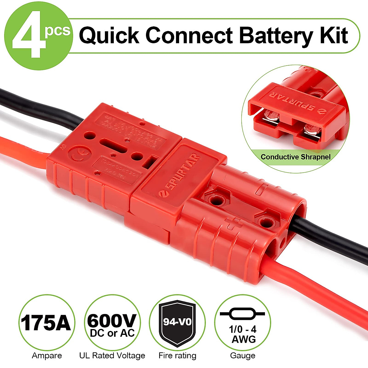 Spurtar 175A Battery Quick Connect/Disconnect, 1/0 AWG Wire Harness Plug, 12-36V Quick Connect Jumper Cables for Car ATV Lifts Motors Trailer Towing Winch, 4Pcs, Red