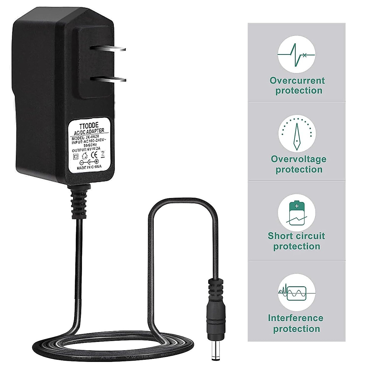 TTODDE AC/DC Adapter 6V 2A 1.5A 1A 0.5A Adapter Power Supply 6V Power Cord 12W 100-240V 50-60Hz with 3.5 x 1.35mm/5.5 x 2.5mm DC Plug Compatible 6 Volt 200ma 300ma 500ma 800ma and More DC 6V Devices