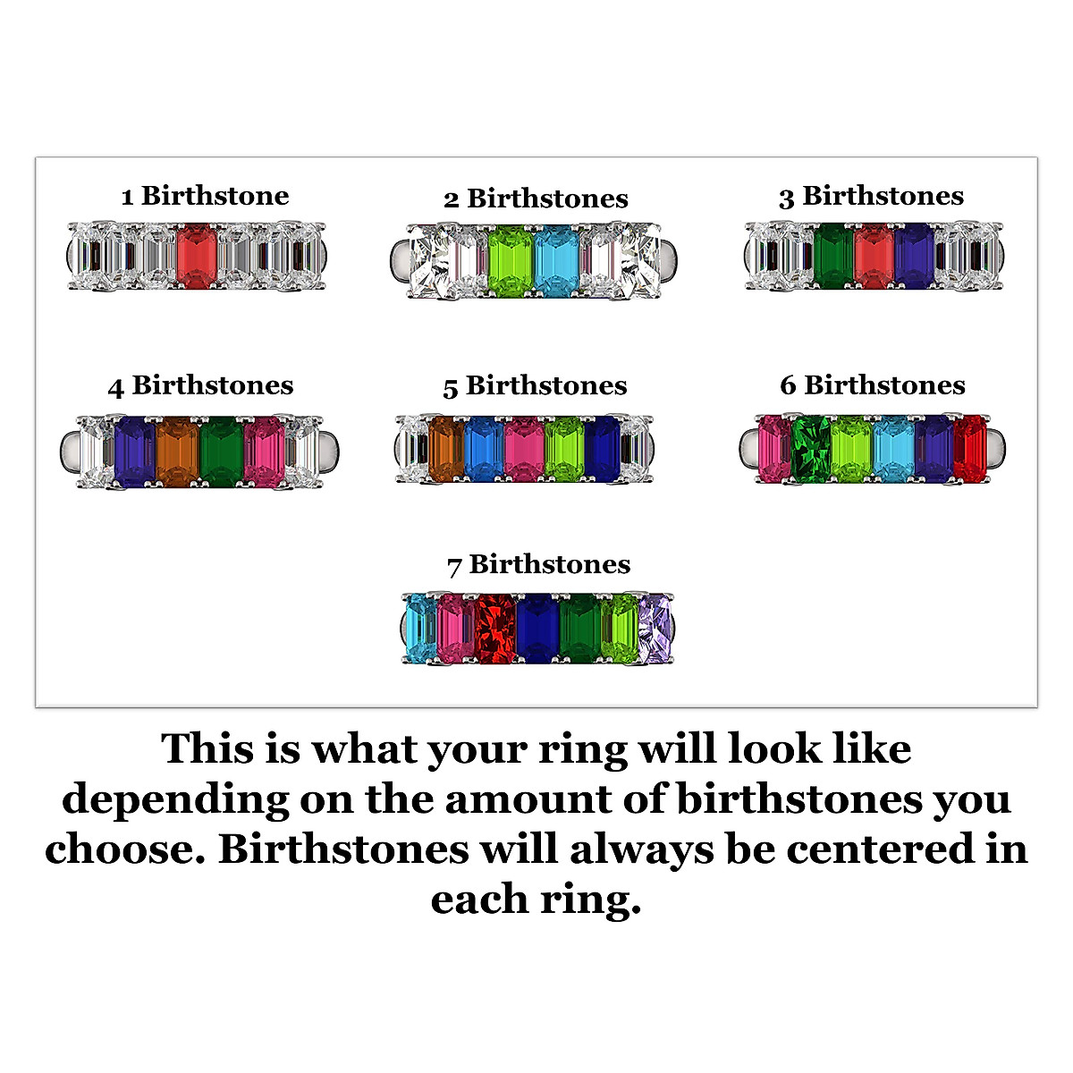 Central Diamond Center Emerald Cut Lucita Mothers Birthstone Ring w/ 1 to 7 Simulated Birthstones - Sterling Silver-Size 11