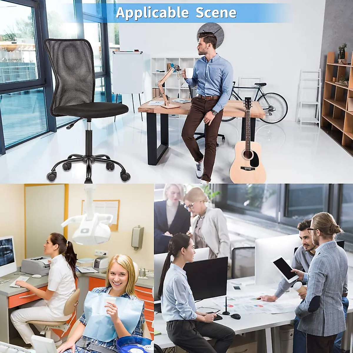 Home Office Ergonomic Mesh Chair - Armless, Adjustable Mid Back, Small Modern Swivel Rolling Desk for Women - Black With Wheels for Home, Office