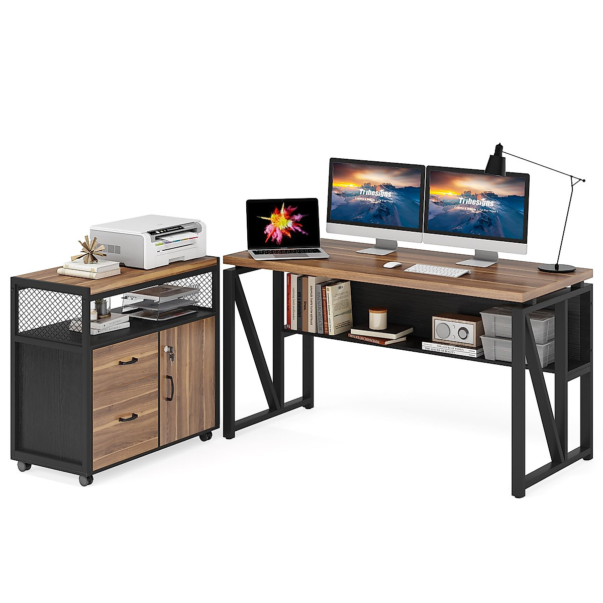 Tribesigns Desk with Drawer, 55" Long Computer Desk with Storage Rack and Mobile Document Cabinet, Home Office Furniture Set Executive Desk (Brown, 55" (Brown, 55)