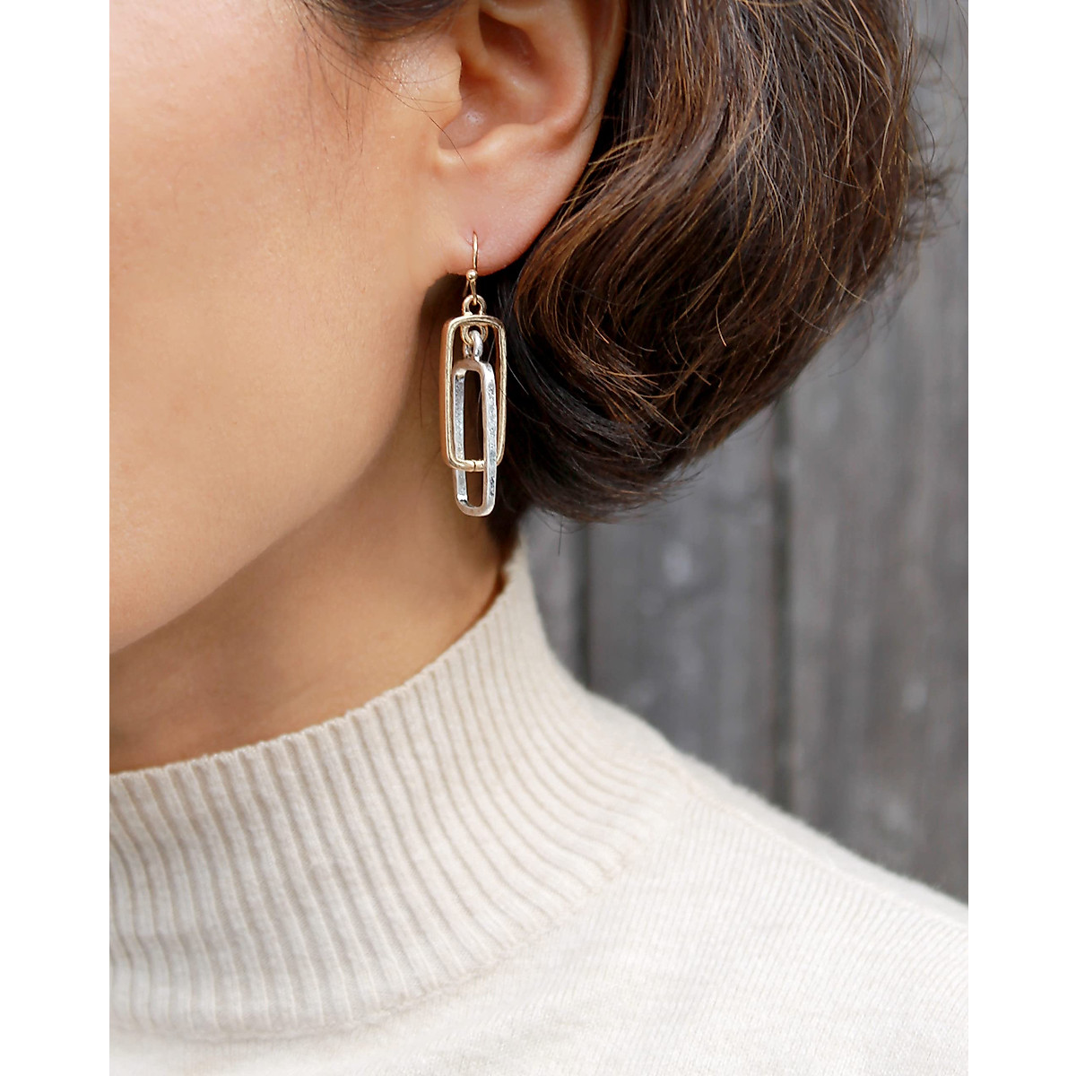 POMINA Lightweight Geometric Gold Silver Two Tone Hammered Dangle Drop Earrings Linked Circle Rectangle Oval Trendy Fashion Dangling Earrings for Women (Square_Two tone)