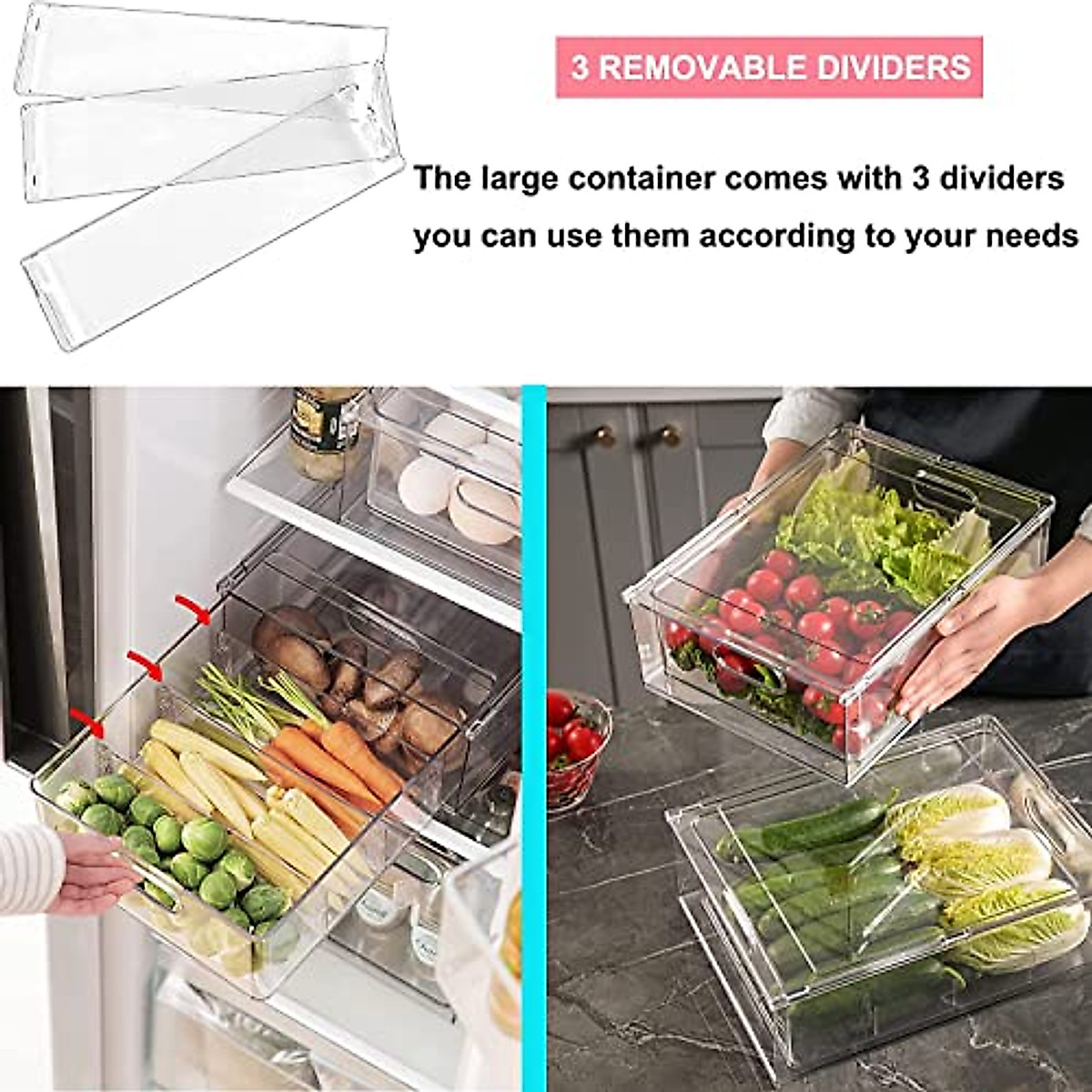Taiuloo Refrigerator Organizer Bins with Pull-out Drawer, Clear Stackable Fridge Drawer Organizer Set, BPA-free Large Food Storage Containers for Freezer, Cabinet, Kitchen, Pantry Organization