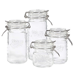 Mason Craft & More Airtight Kitchen Food Storage Clear Glass Clamp Jars, 4 Piece Mini Clamp Preserving Jar Set (7oz, 12oz, 17oz, and 22oz), (TTU-V1523)