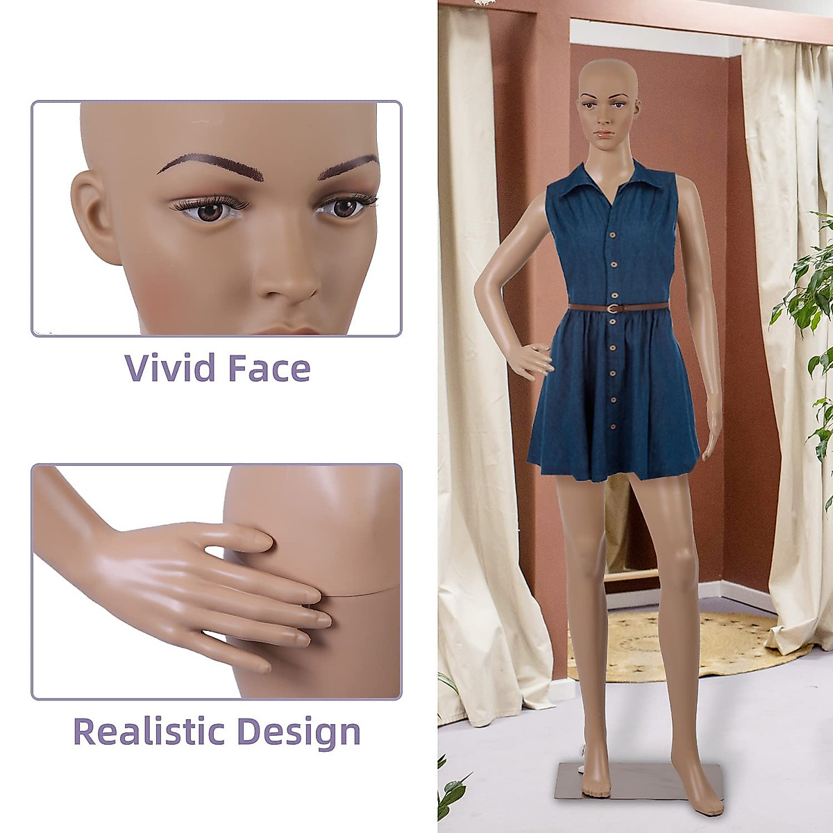 Mannequin Torso Manikin Dress Form Female Realistic Full Body Mannequin Display Head Turns with Metal Base 69" Plastic Adult Woman Adjustable Detachable Poseable Model Mannequin Stand
