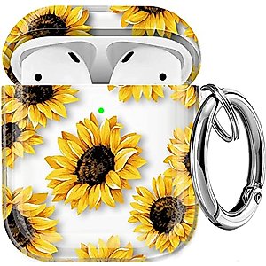 Maxjoy for AirPods Case Cover, Sunflower Floral Clear Air Pod Case for Women Girls Cute Hard Protective iPod Cover with Keychain Compatible AirPod 2nd 1st Gen Charging Case 2&1, Flower