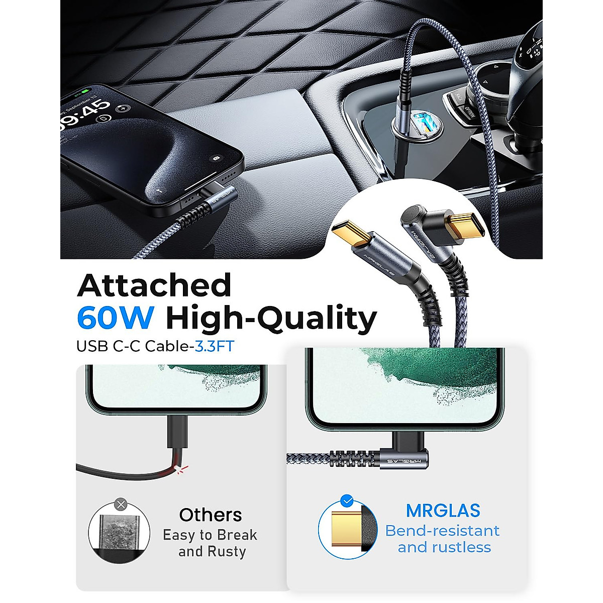 MRGLAS 90W USB C Car Charger Fast Charging, [PD45W & QC45W][Extra 3.3ft Type C Cable][Flush Fit][All Metal], Cigarette Lighter USB Charger for iPhone15 Pro Max Samsung S24 S23 Ultra Pixel 7/7Pro