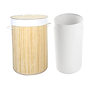 Bamboo Round Clothes Laundry Hamper with Lid 2 Removable Liner Bags,Handwoven Bamboo Laundry Basket with Easy Carry Handles,Large Clothes Basket for Clothes,Bedroom, Toys in Bathroom, Beige