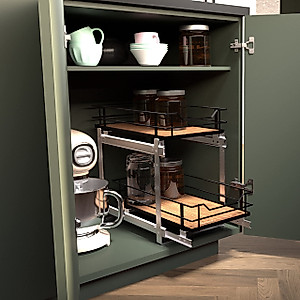 Home Zone Living Pull Out Kitchen Cabinet Organizer with 2 Tiers of Storage for Easy Access, 12”W x 20”D, Matte Black with Dark Brown, Virtuoso Collection