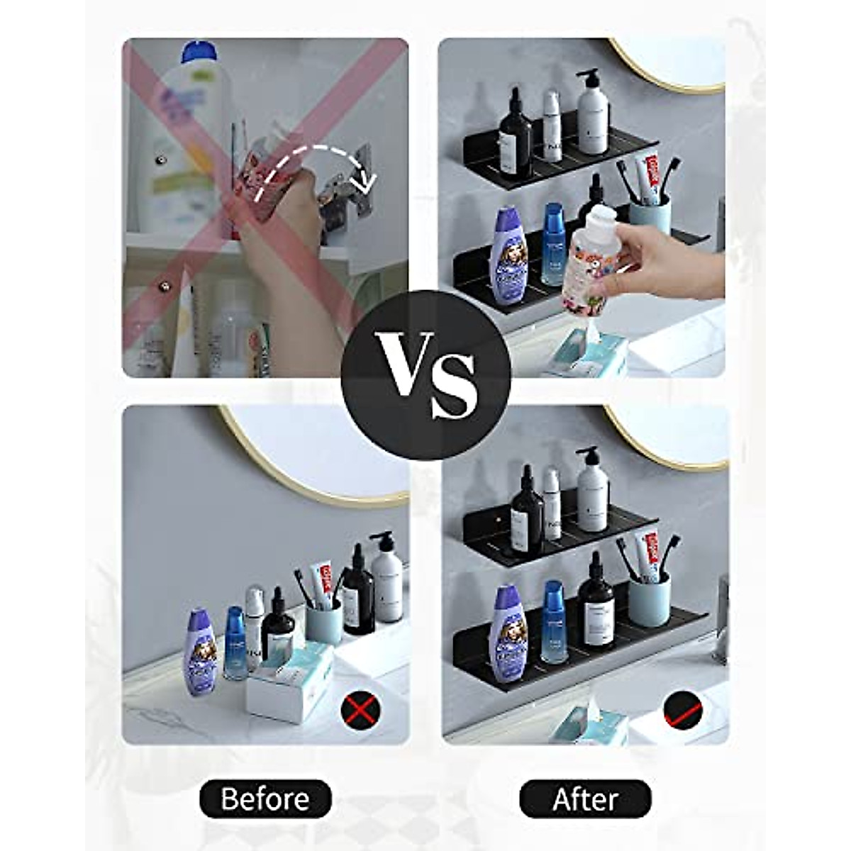 Amythe Floating Wall Shelf, Floating Shelves Wall Mounted for Bathroom/Kitchen/Laundry Room/Over-The-Toilet Storage, No Drilling Rustproof Space Aluminum Bathroom Shelf, Black, 11.8 inches