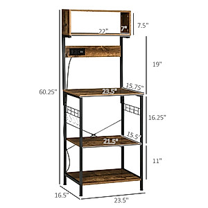 HOMCOM Kitchen Bakers Rack with Power Outlet, USB Charger, Microwave Stand, Coffee Bar with Adjustable Shelves, 5 Hooks for Spices, Pots and Pans, Rustic Brown