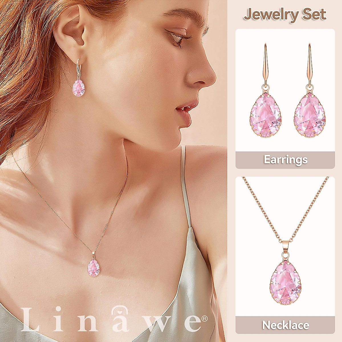 Linawe Rose Gold Pink Jewelry Sets, Crystal Pendant Necklace Set Pink Earrings Dangling Imitation Diamond Rhinestone Cubic Zirconia Birthstone Teardrop Dangle Matching Wedding Set