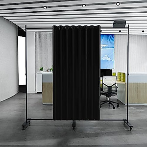Madamera Adjustable Room Divider, 7 ft x 10 ft, 4 Rolling Wheels Curtain Divider Stand, Black Metal Frame, Blackout Curtain & Portable Tool, Expandable Screen for Office, Bedroom, Kitchen (Black)