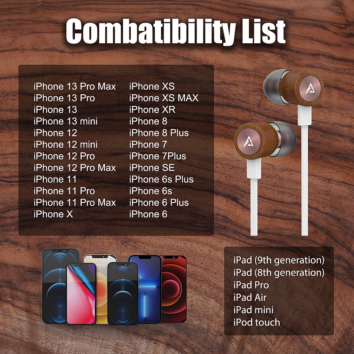 Lightning Headphones ADPROTECH Wired Earbuds Wood MFi Certified Earphones in-Ear Magnetic Headset with Microphone and Volume Controller Compatible iPhone 14 13 12 11 Pro Max iPhone XS Max XR Rose Gold