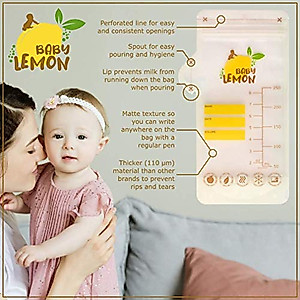 Baby Lemon Breast Milk Storage Bags with Spout - 8 oz, 100 Bags, Extra Thick, Leak Proof, Pre-sterilized, Ready to Use, BPA Free, Easy Write Material