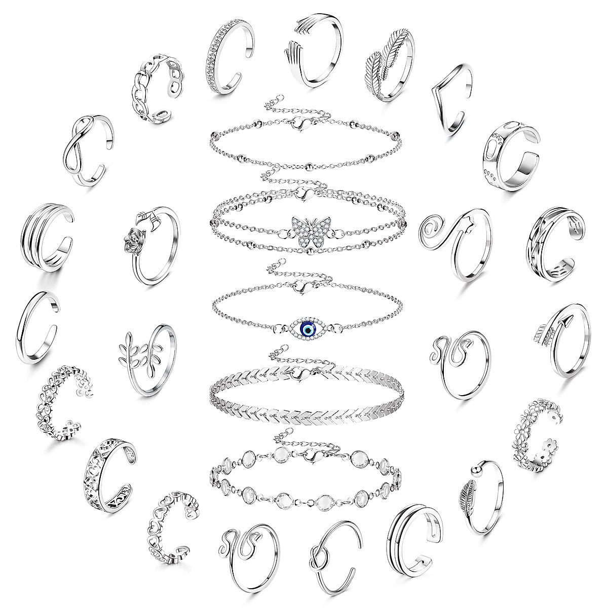 Sanfenly Anklets and Toe Ring Set for Women Silver Anklet Bracelets Open Adjustable Toe Ring Flower Wave Heart Tail Pinky Band Rings Summer Beach Foot Jewelry