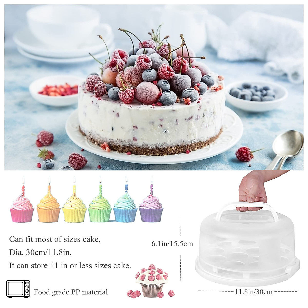 HOYA PONYOO Portable Cake Carrier with Handle, Round Cupcake Holder with Lid, Plastic Storage Container Box fit 10 inch Cake, 3-Locking Muffin and Pies Keeper with Cover (White)