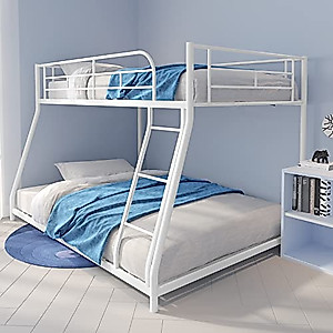 Lostcat Metal Bunk Bed Twin Over Full Size,Heavy Duty Low Bunkbeds with Ladder & Safety Guard Rails,for Kids Teens Adults,Space Saving & No Box Spring Need,White
